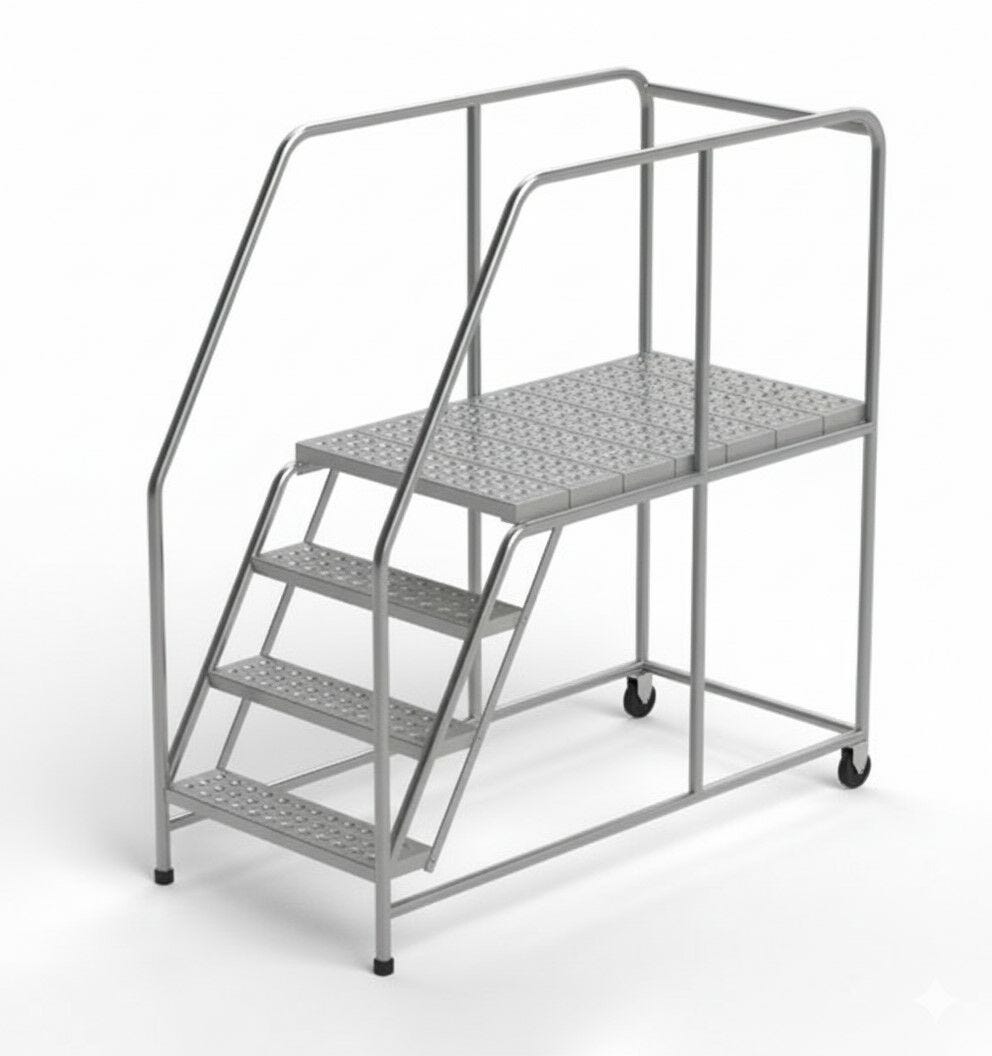 4 Steps 304 or 316L SS Mobile Work Platform with Handrails, Diamond ...